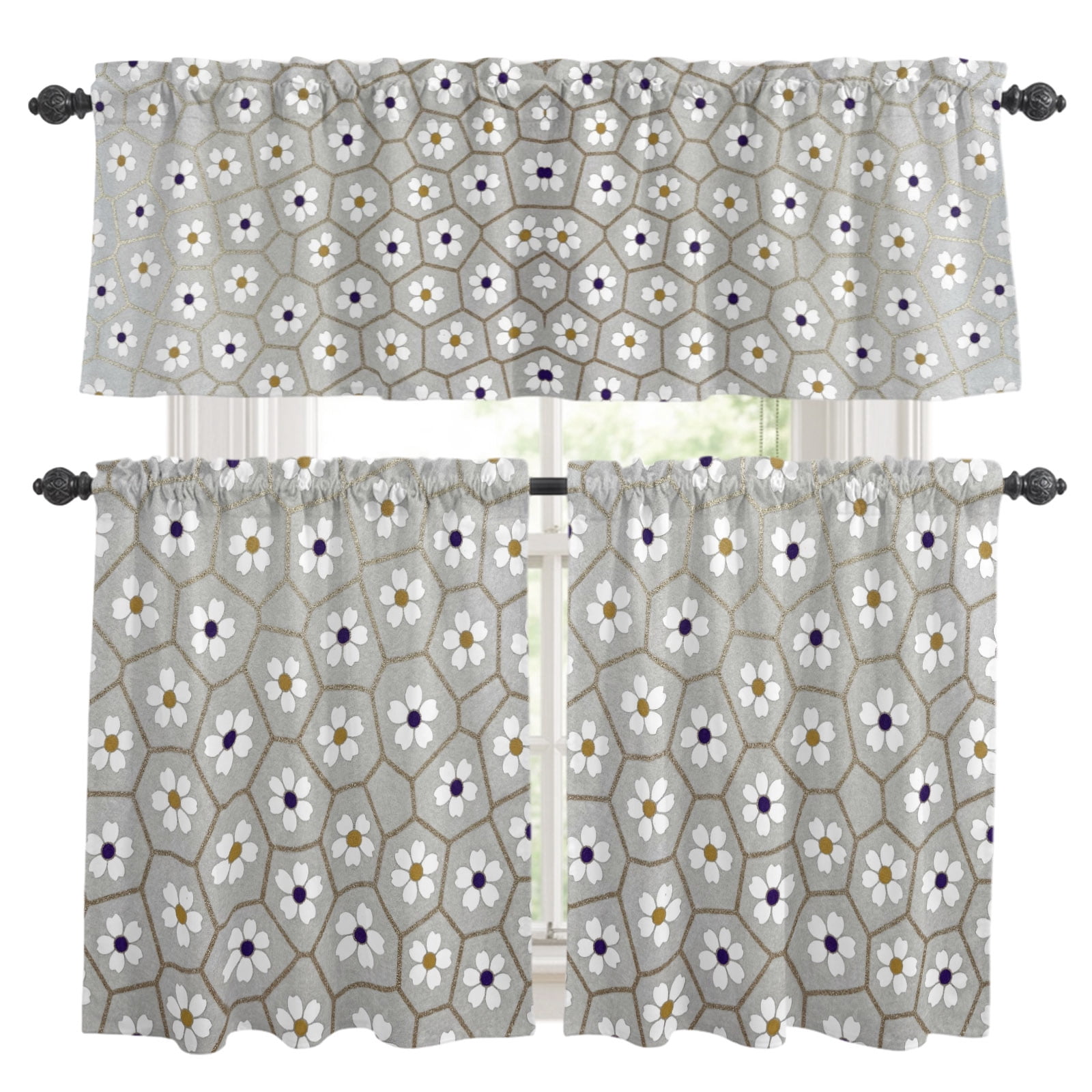 3 Piece Kitchen Curtains and Valances Set White Daisy Rustic Cafe ...