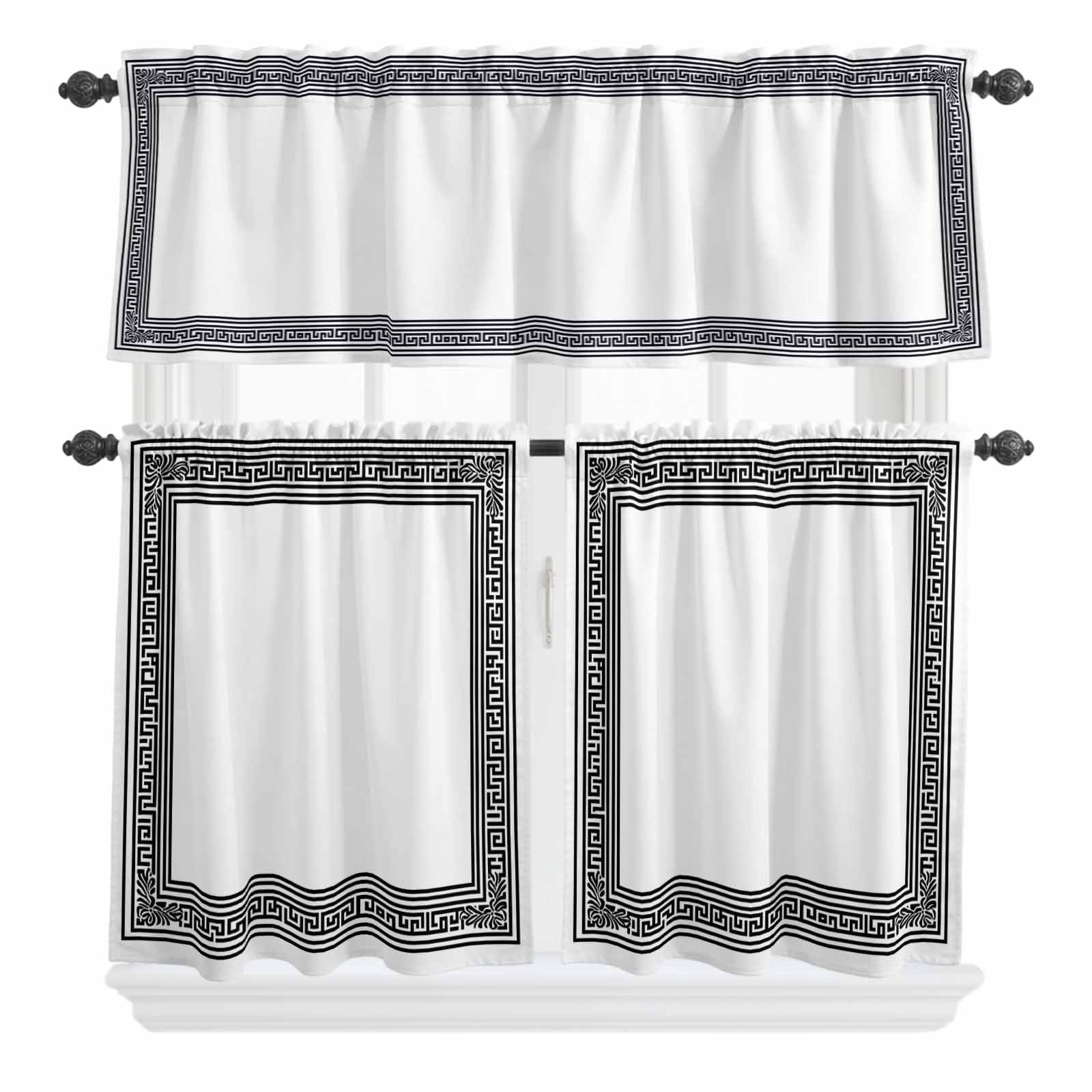 3 Piece Kitchen Curtains and Valances Set White Greek Key Cafe Curtains ...