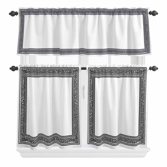 3 Piece Kitchen Curtains and Valances Set White Greek Key Cafe Curtains ...