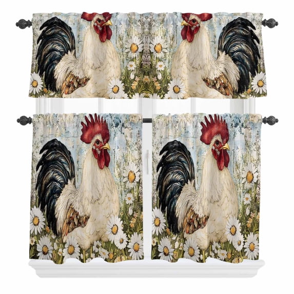 3 Piece Kitchen Curtains and Valances Set White Retro Rooster Cafe ...