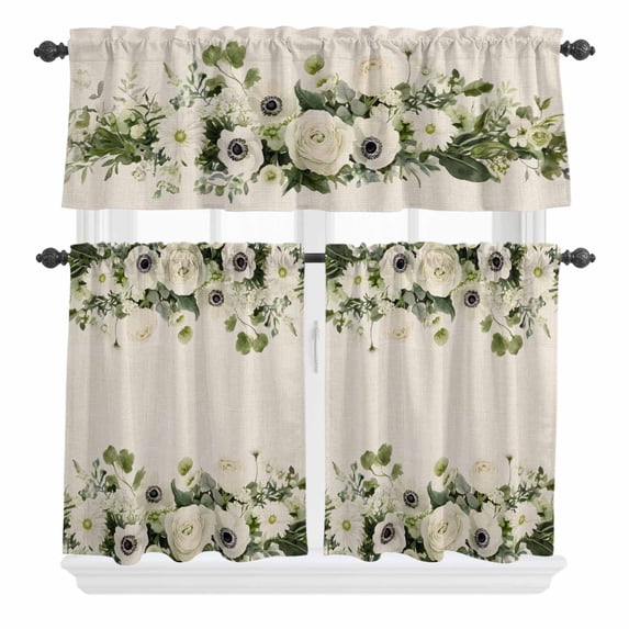 3 Piece Kitchen Curtains and Valances Set White Spring Floral Cafe ...