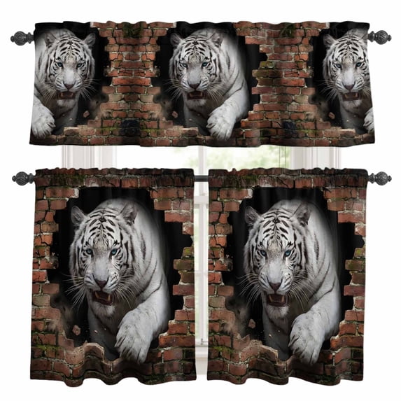 3 Piece Kitchen Curtains and Valances Set White Tiger Broken Wall Cafe ...