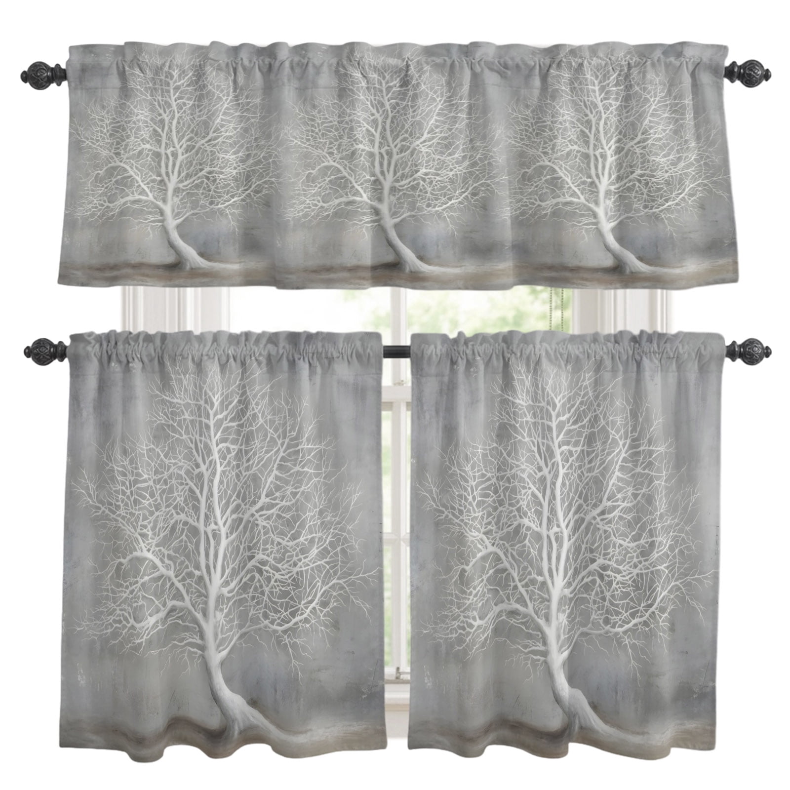 3 Piece Kitchen Curtains and Valances Set White Trees Cafe Curtains 36 ...