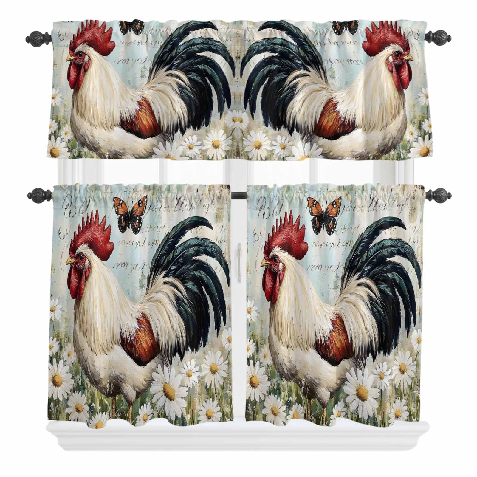 3 Piece Kitchen Curtains and Valances Set White Vintage Rooster Cafe ...