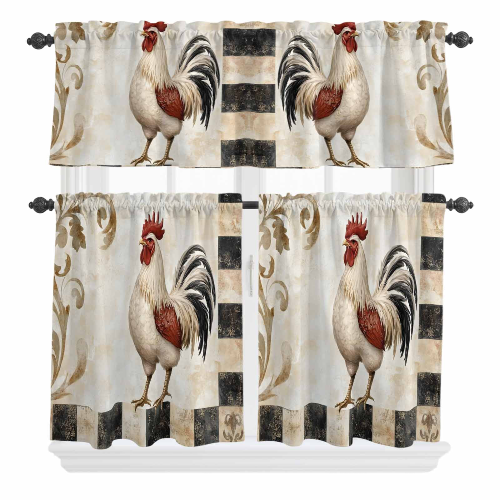 3 Piece Kitchen Curtains and Valances Set White Vintage Rooster Cafe ...