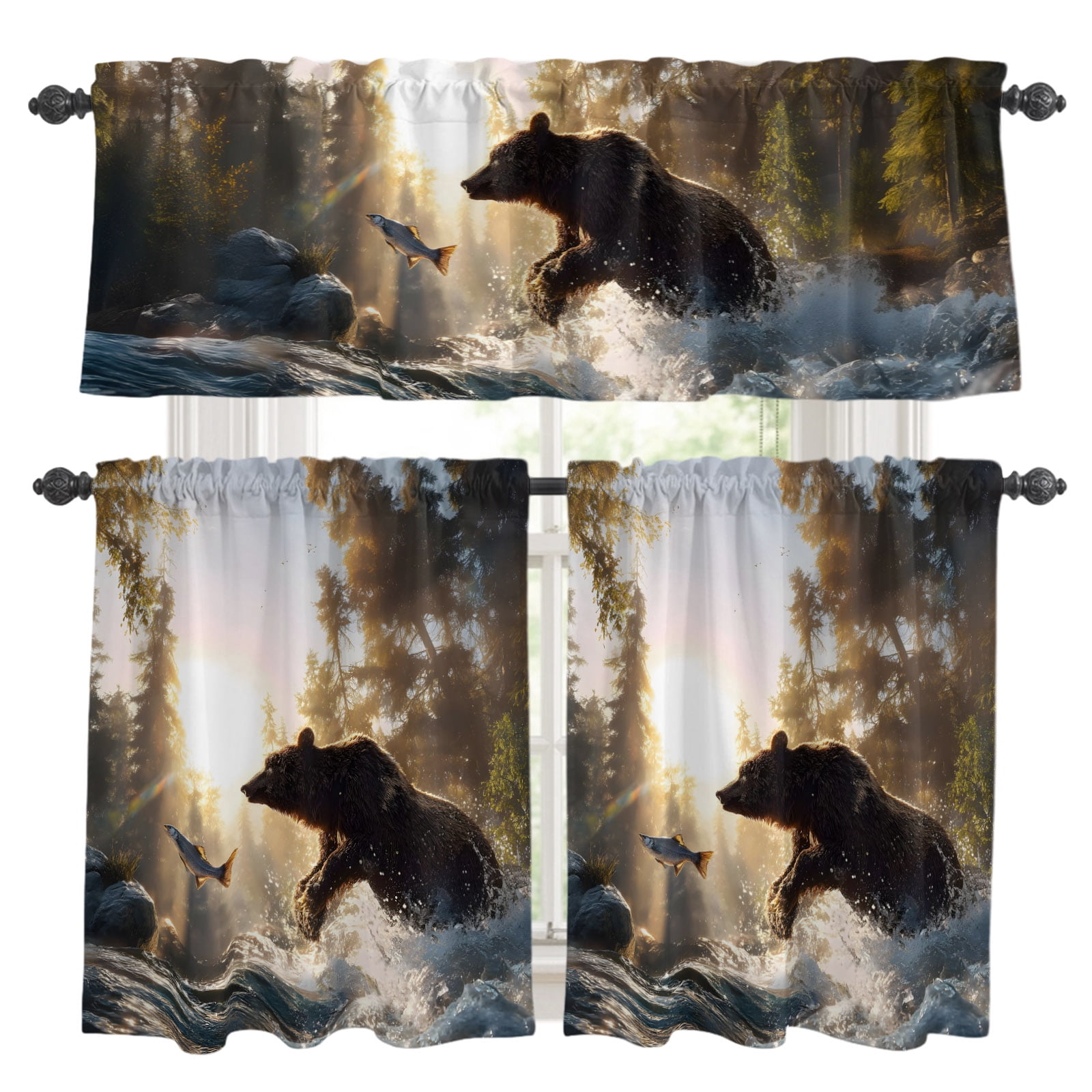 3 Piece Kitchen Curtains and Valances Set Wildlife Bears Cafe Curtains ...
