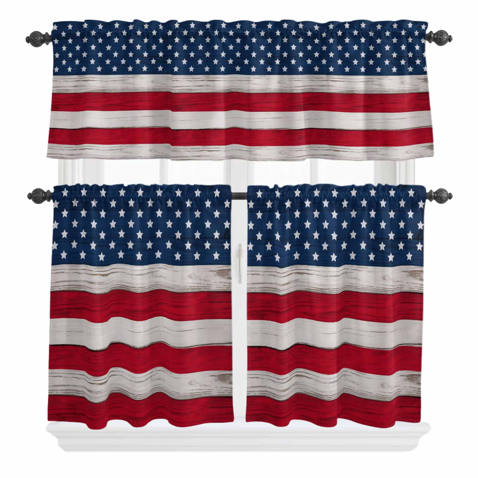 3 Piece Kitchen Curtains and Valances Set Wooden American Flag Cafe ...