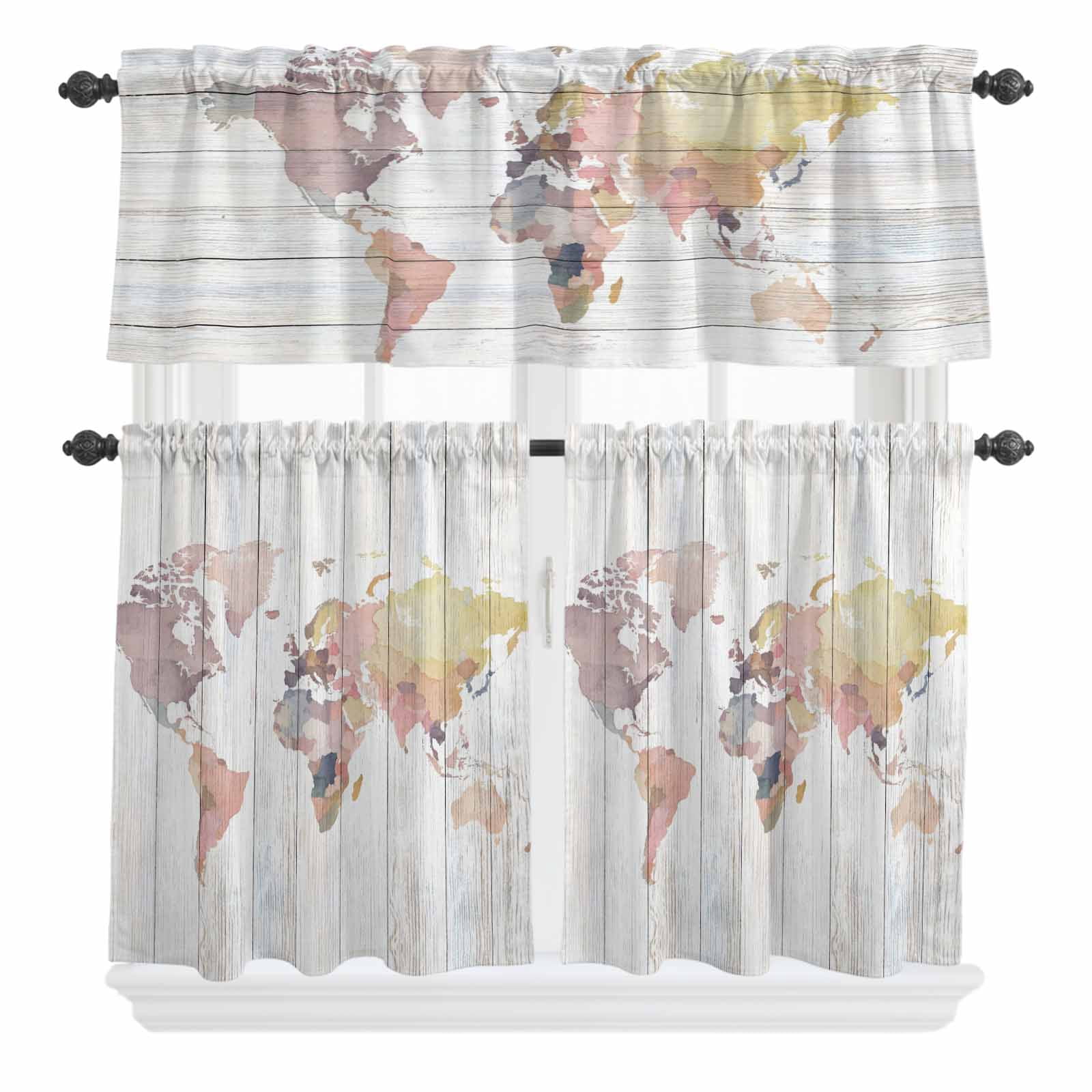 3 Piece Kitchen Curtains and Valances Set World Map Cafe Curtains 36 ...
