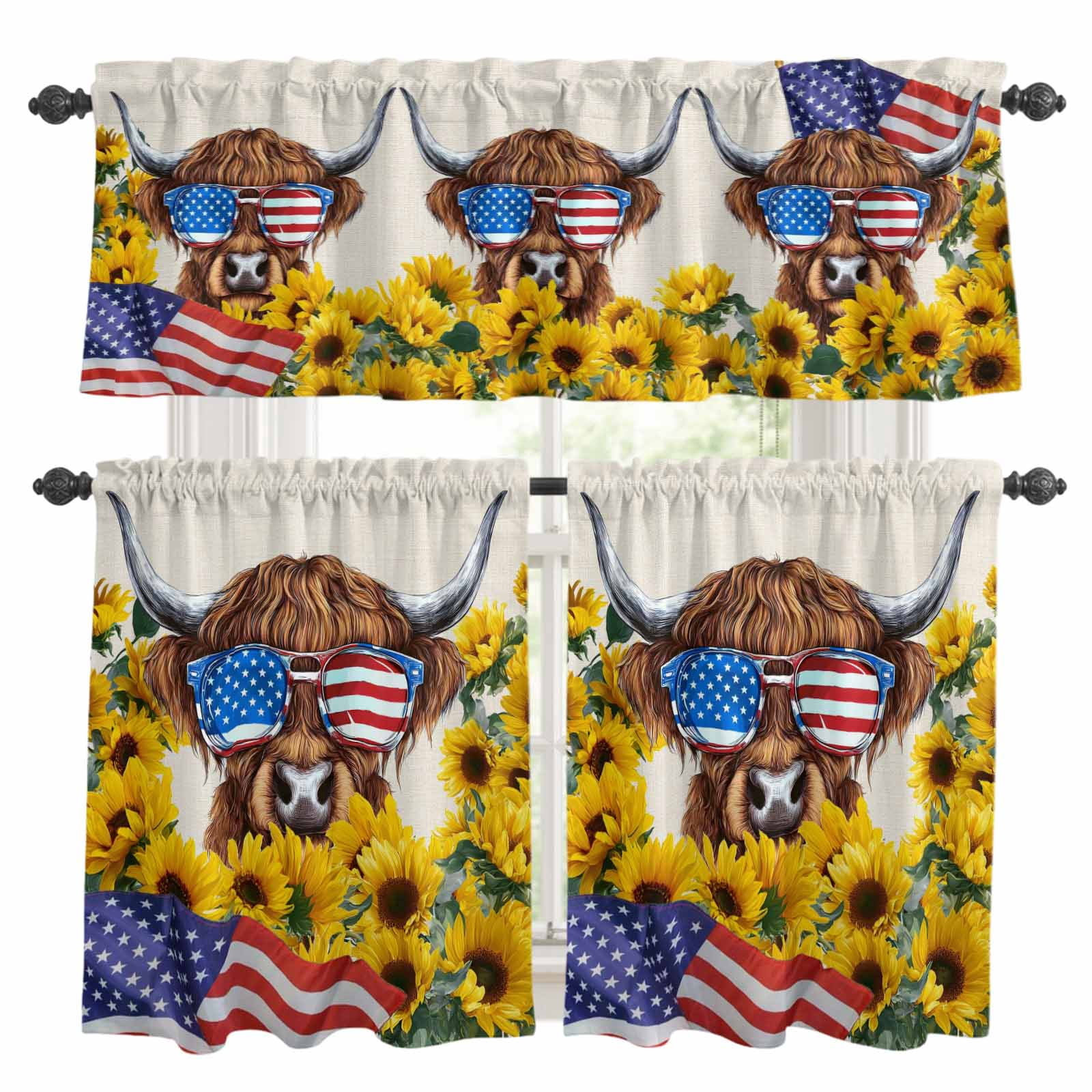 3 Piece Kitchen Curtains and Valances Set Yak Independence Day Cafe ...