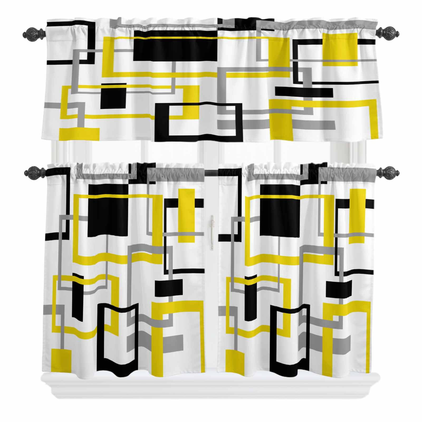 3 Piece Kitchen Curtains and Valances Set Yellow Black Geometric Cafe ...