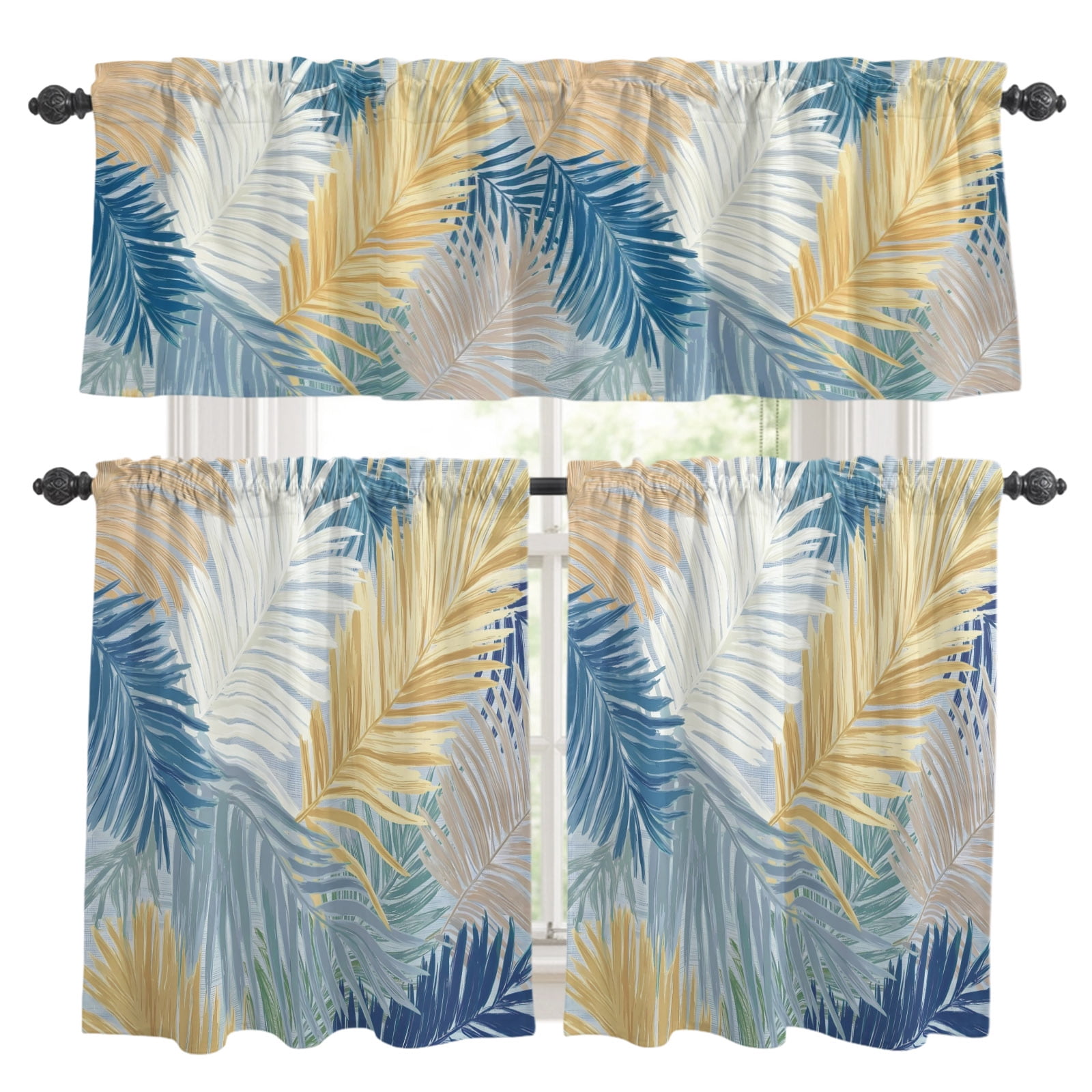 3 Piece Kitchen Curtains and Valances Set Yellow Blue Grey Palm Leaves ...