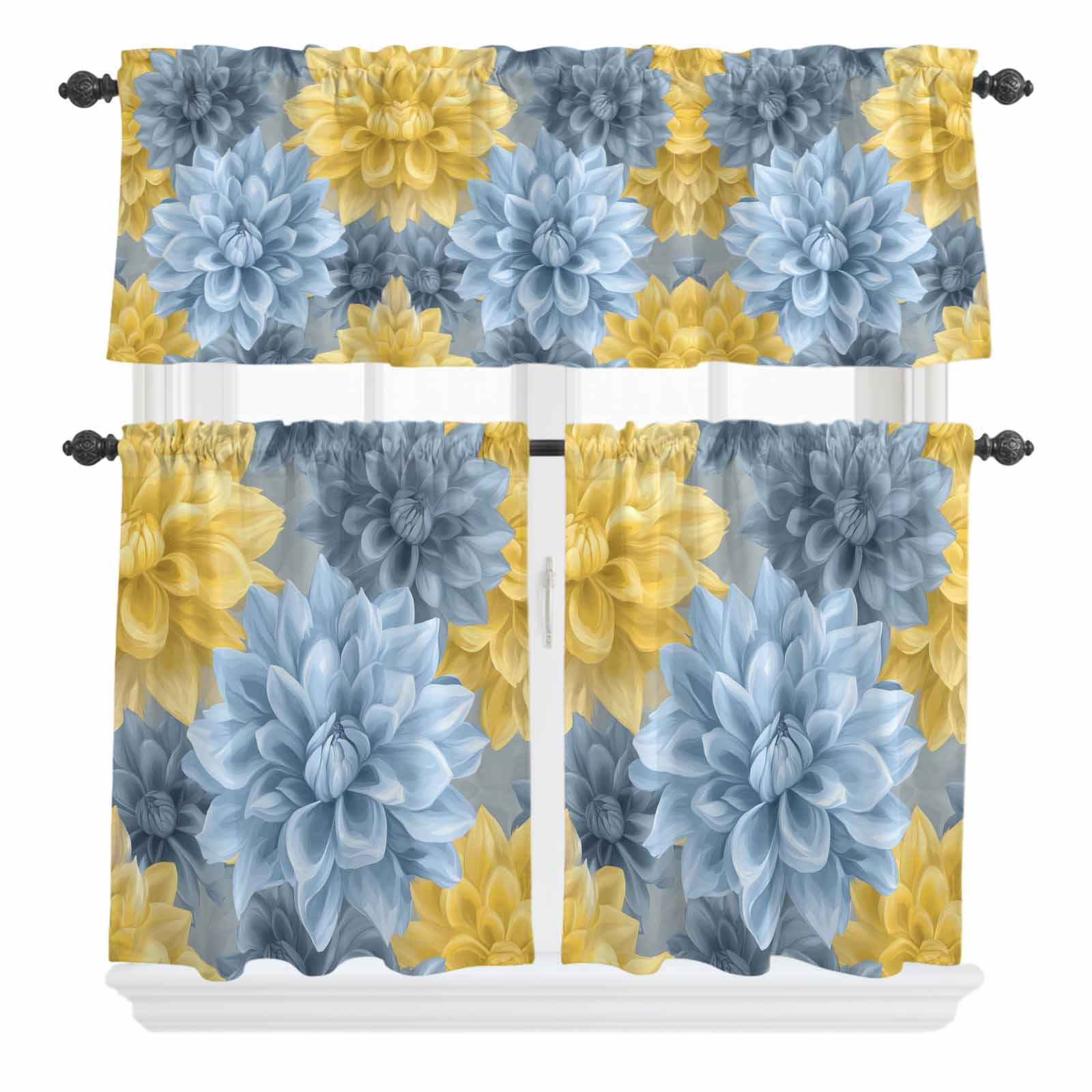 3 Piece Kitchen Curtains and Valances Set Yellow Blue Spring Floral ...