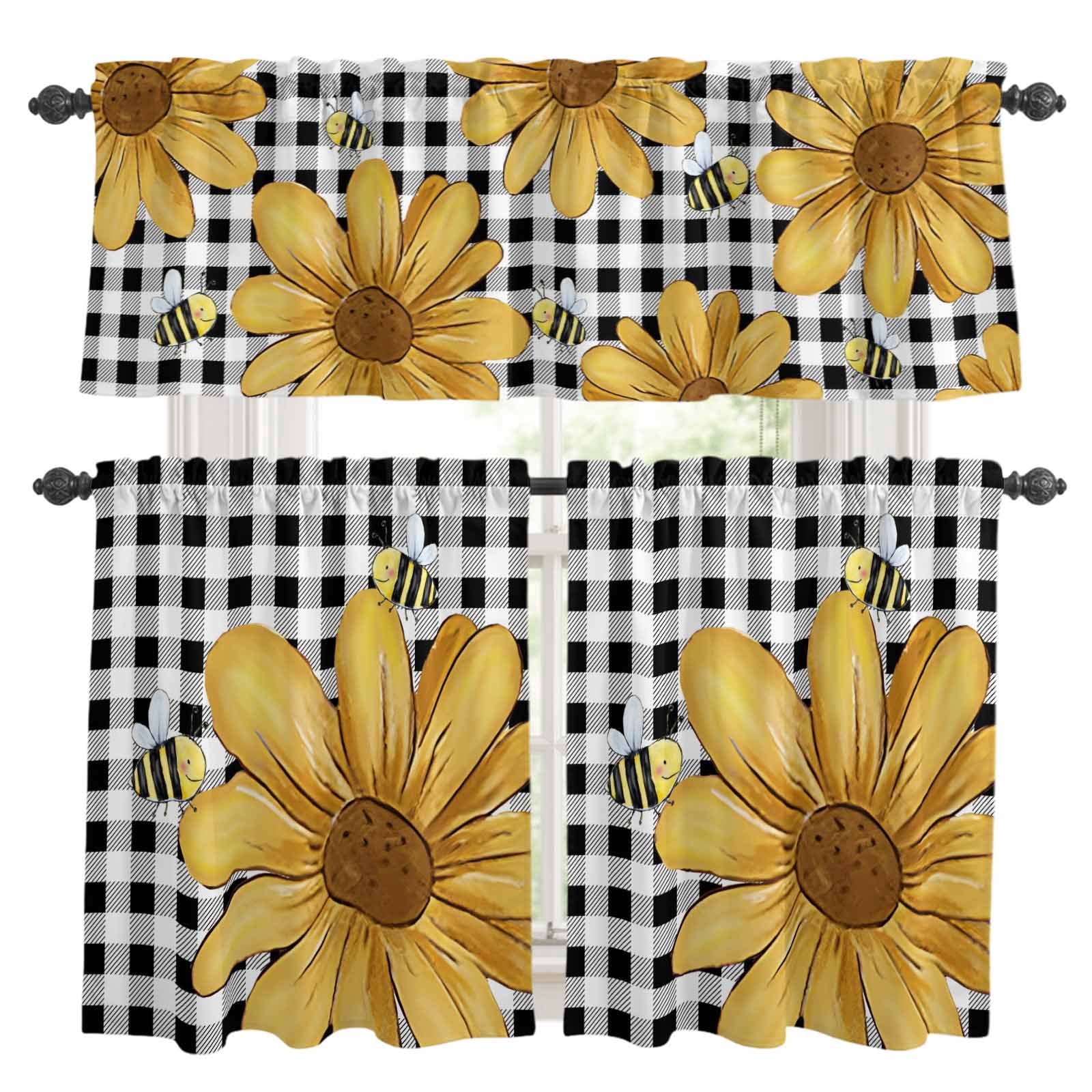 3 Piece Kitchen Curtains and Valances Set Yellow Daisy Rustic Cafe ...