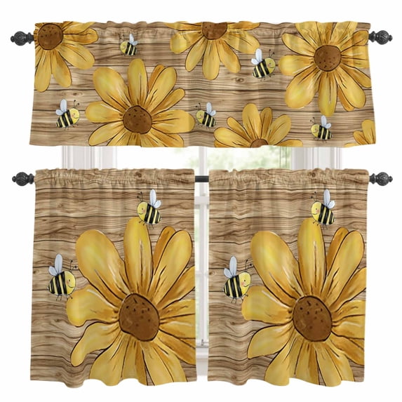 3 Piece Kitchen Curtains and Valances Set Yellow Daisy Rustic Cafe ...
