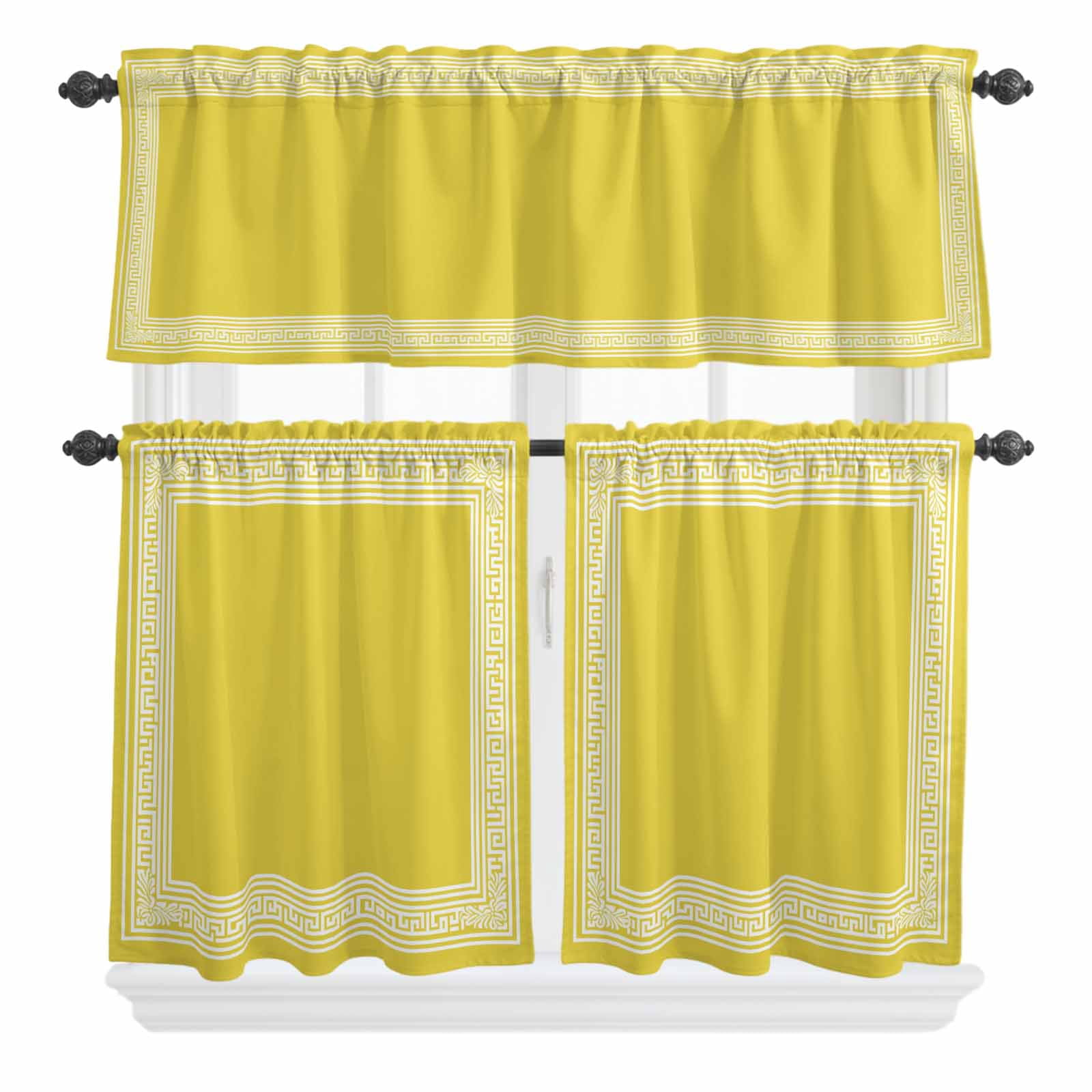 3 Piece Kitchen Curtains and Valances Set Yellow Greek Key Cafe ...