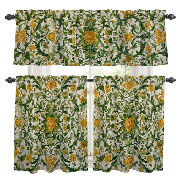 3 Piece Kitchen Curtains and Valances Set Yellow Green Boho Cafe ...