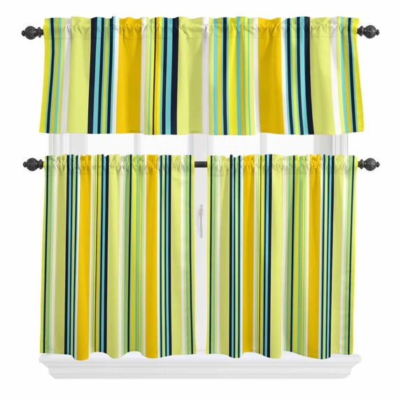 3 Piece Kitchen Curtains and Valances Set Yellow Green Stripe Cafe ...