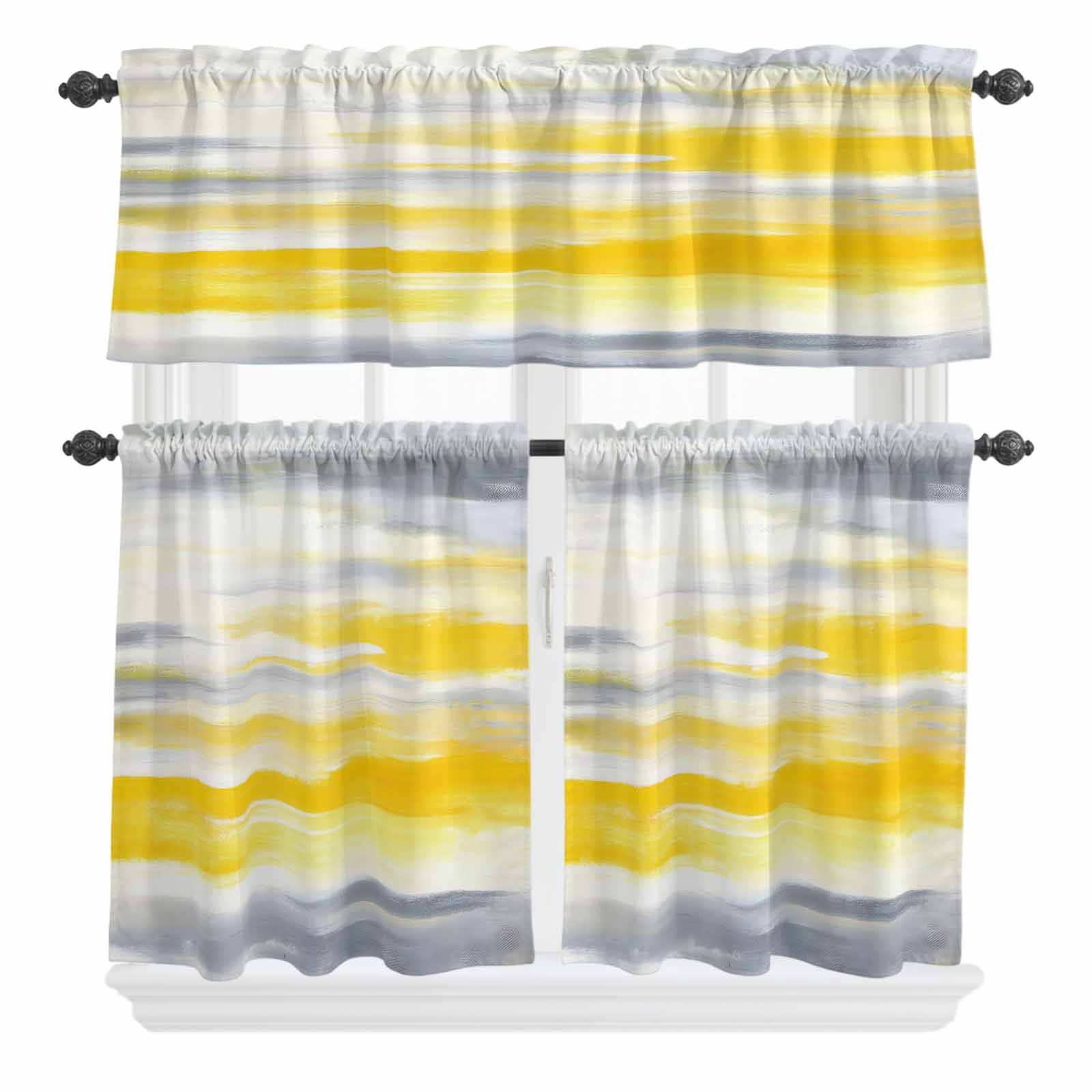 3 Piece Kitchen Curtains and Valances Set Yellow Grey Cafe Curtains 36 ...