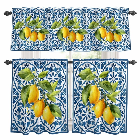 3 Piece Kitchen Curtains and Valances Set Yellow Lemon Cafe Curtains 24 ...