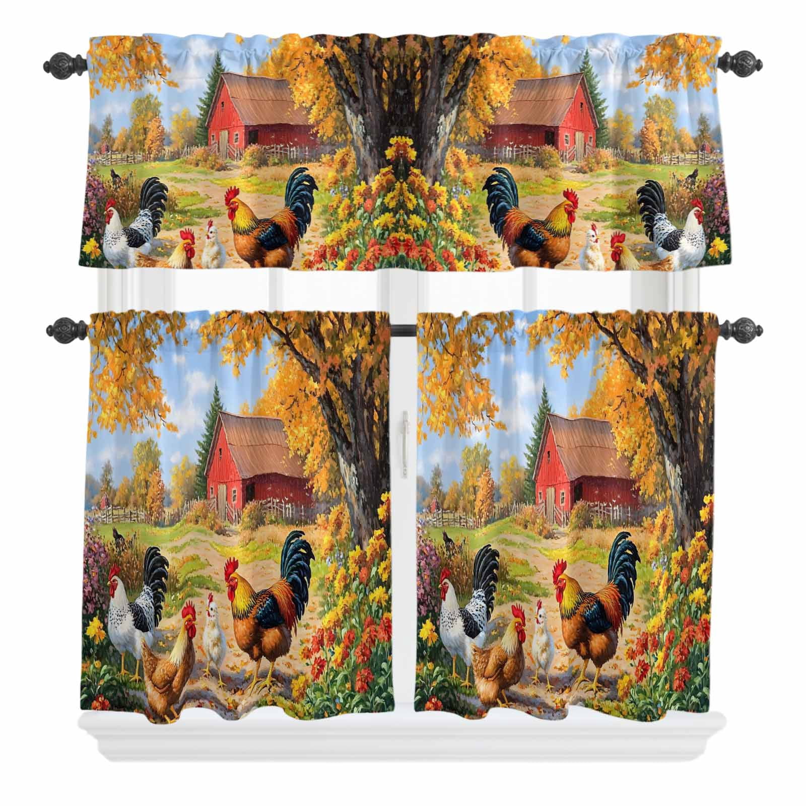 3 Piece Kitchen Curtains and Valances Set Yellow Retro Rooster Cafe ...