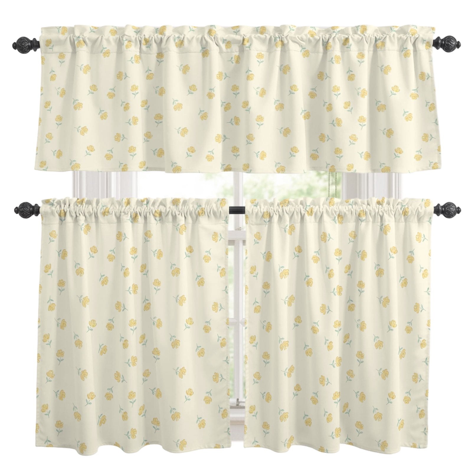 3 Piece Kitchen Curtains and Valances Set Yellow Spring Floral Cafe ...