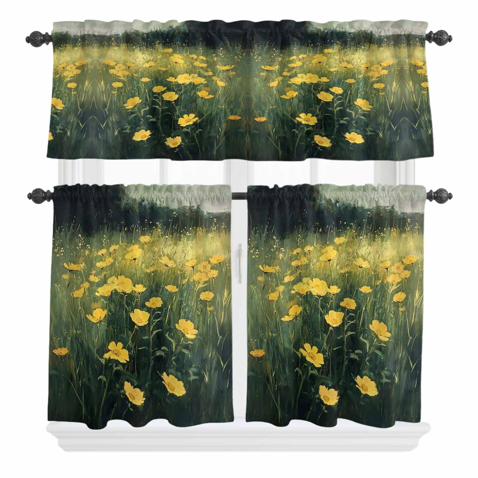 3 Piece Kitchen Curtains and Valances Set Yellow Spring Floral Cafe ...