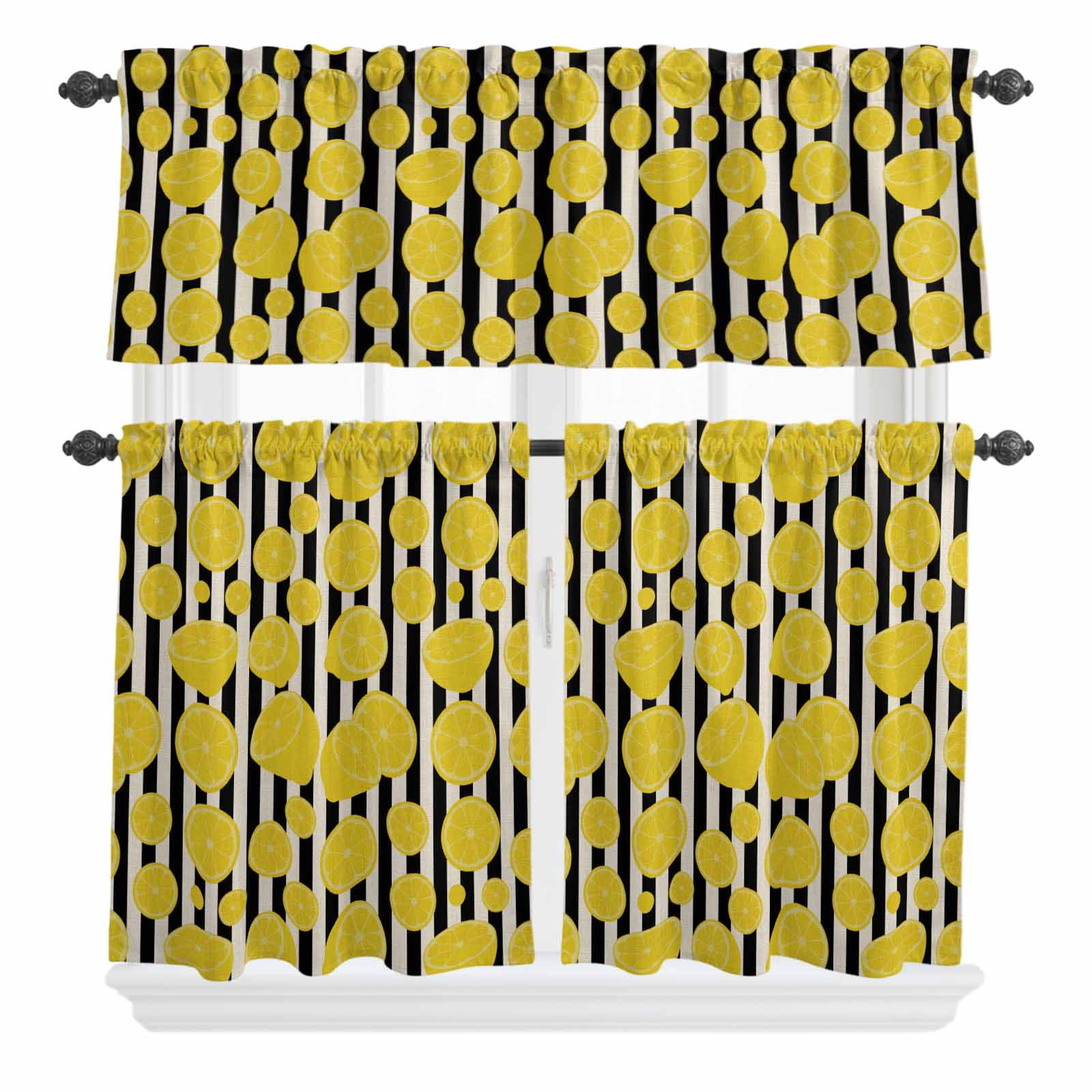 3 Piece Kitchen Curtains and Valances Set Yellow Summer Lemon Cafe ...