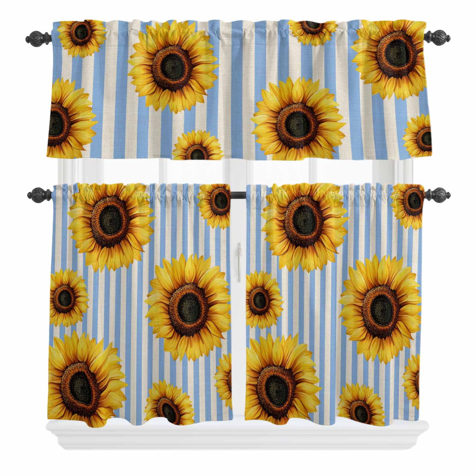 3 Piece Kitchen Curtains and Valances Set Yellow Sunflower Cafe ...