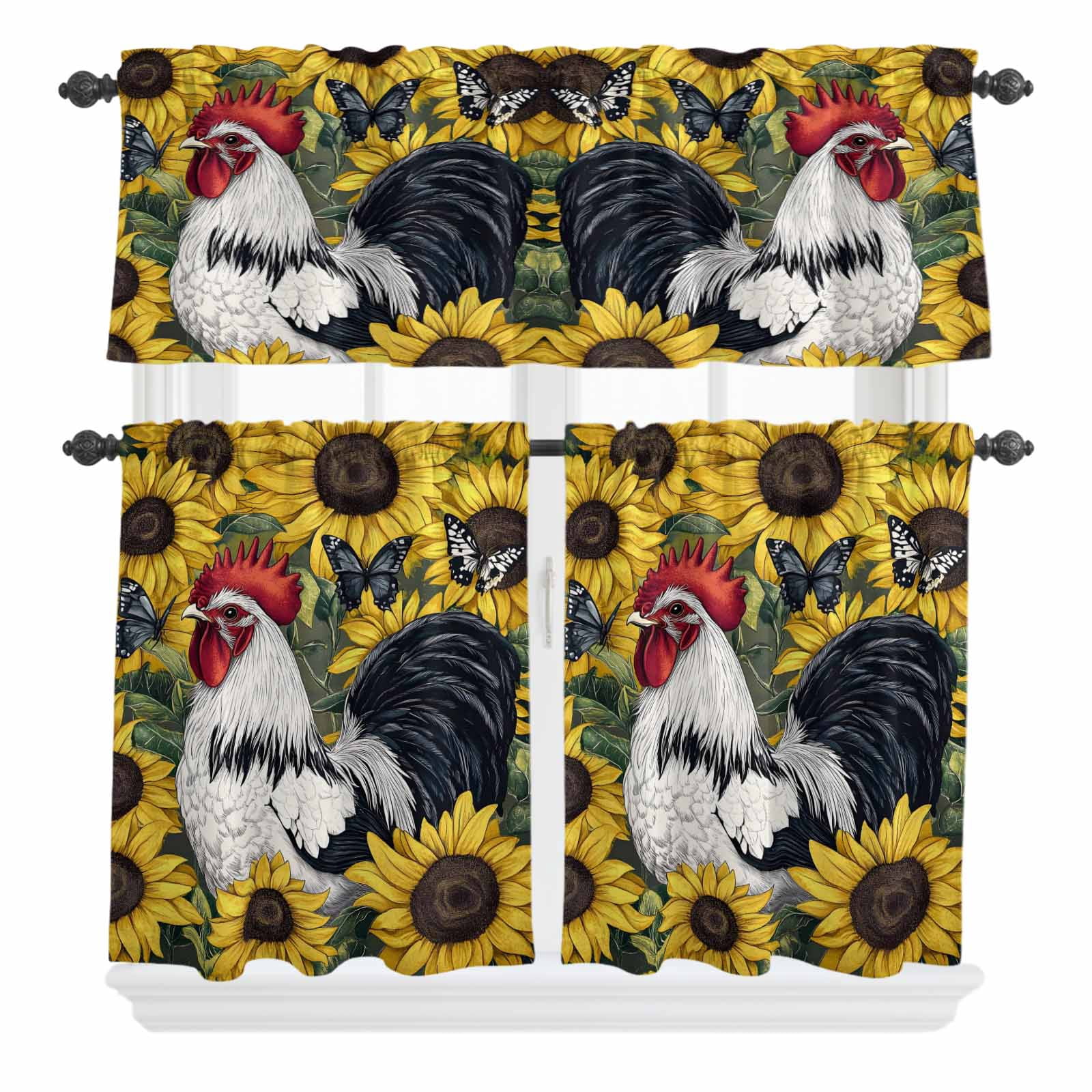3 Piece Kitchen Curtains and Valances Set Yellow Sunflower Rooster Cafe ...