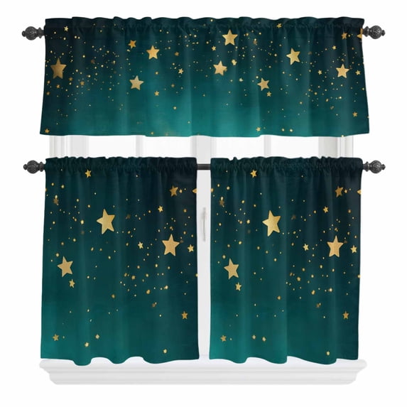 3 Piece Kitchen Curtains and Valances Set Yellow Teal Star Cafe ...