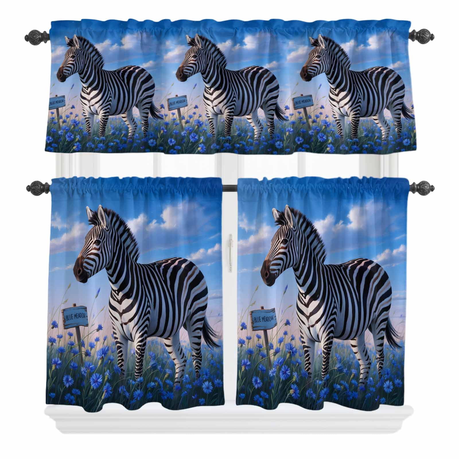 3 Piece Kitchen Curtains and Valances Set Zebra Grassland Cafe Curtains ...