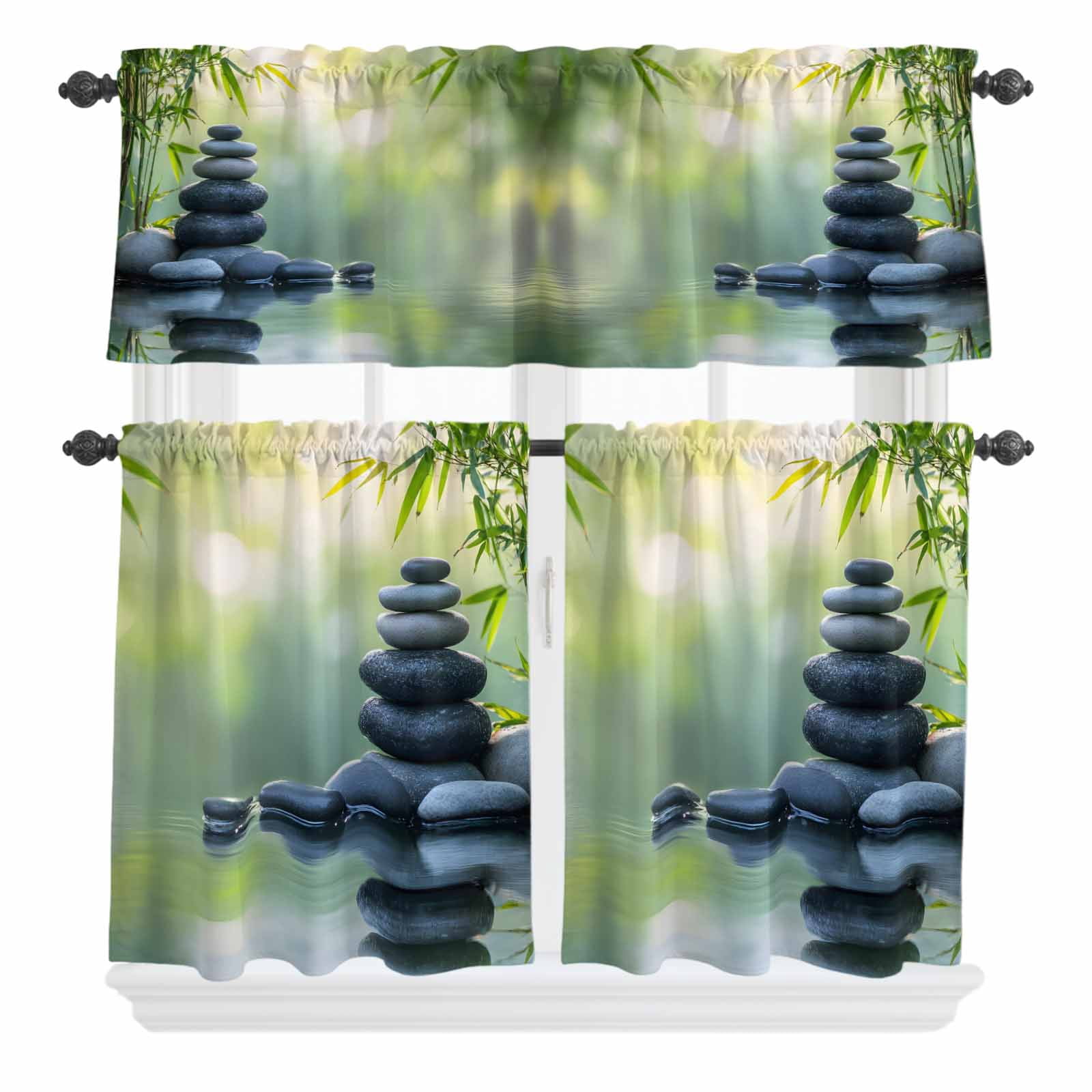 3 Piece Kitchen Curtains and Valances Set Zen Stones Cafe Curtains 24 ...