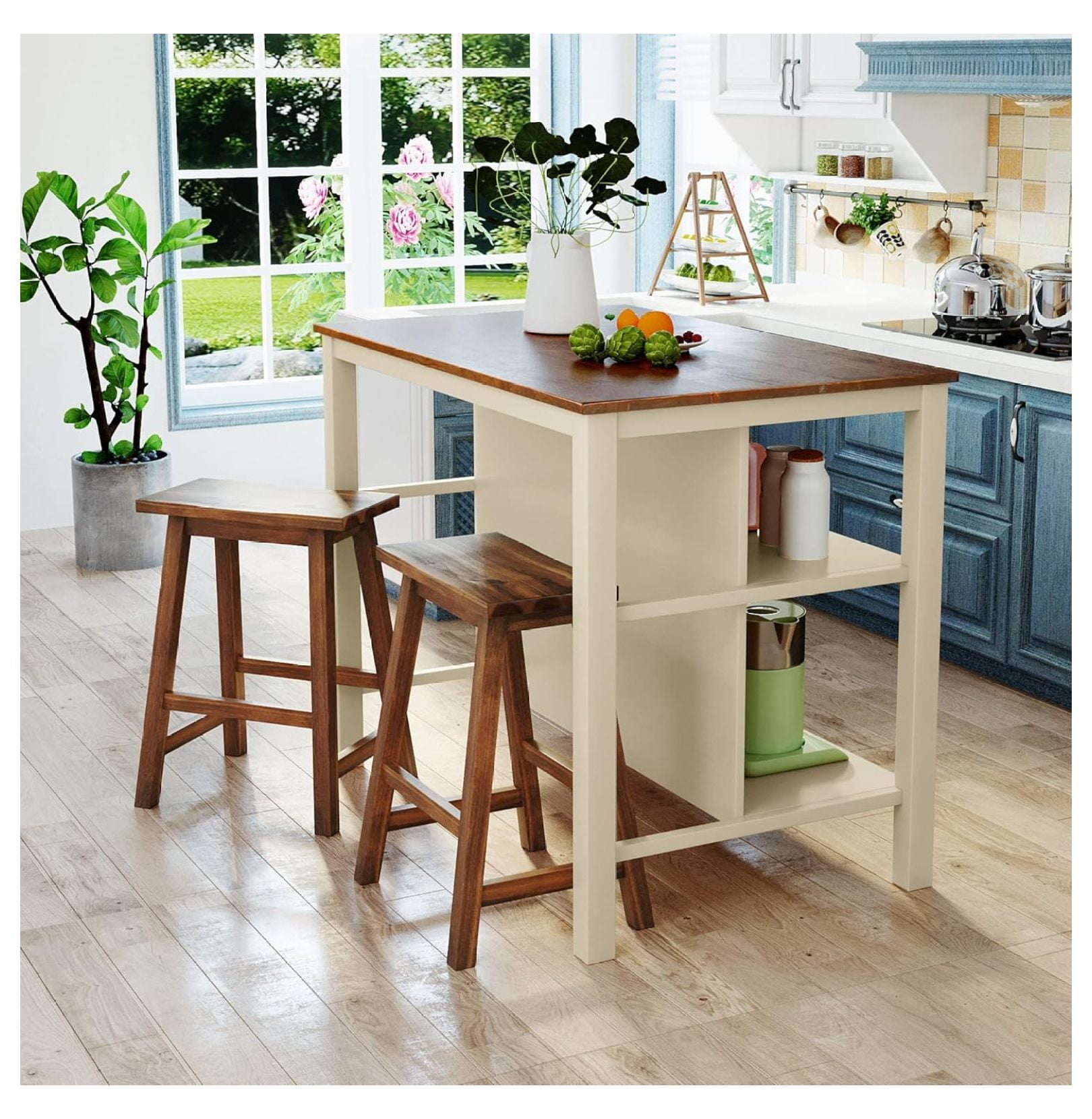 3-Piece Kitchen Island Set with 2 Stools and 2 Shelves, Rustic Rubber ...