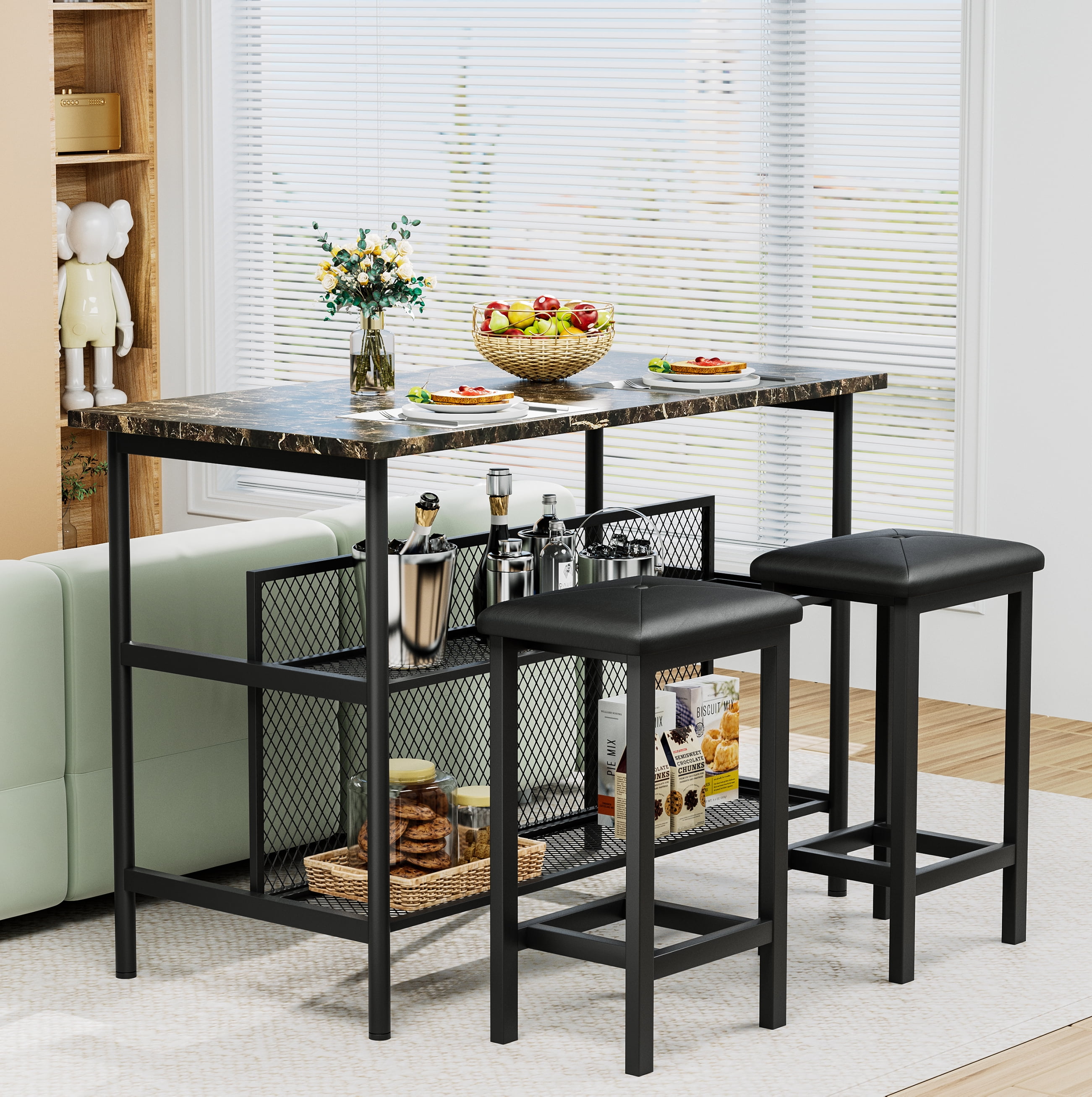 3-Piece Kitchen Set - Faux Marble Counter Height Table with Stools ...