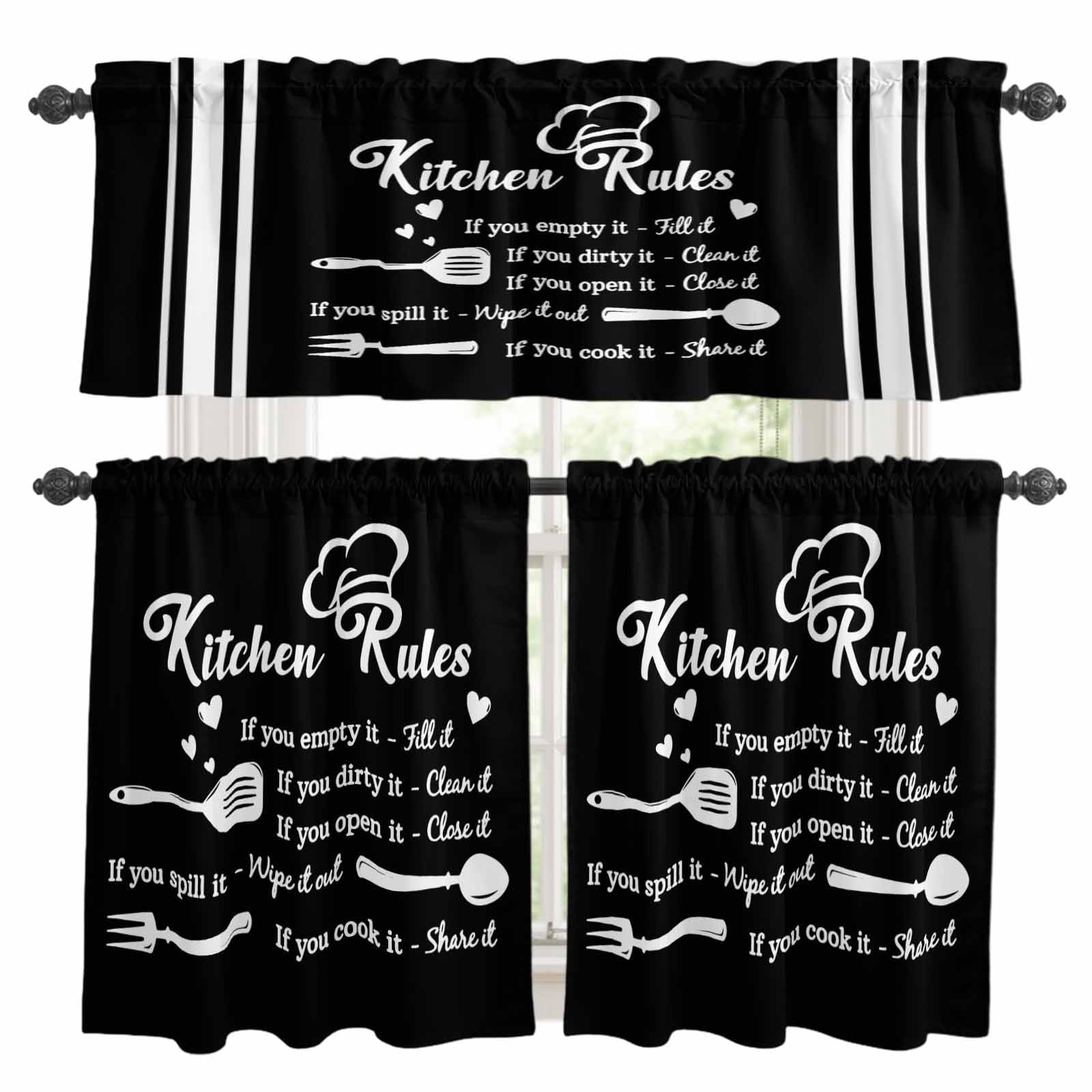 3 Piece Kitchen Rules Kitchen Curtain Valance and Tiers Set Tableware ...