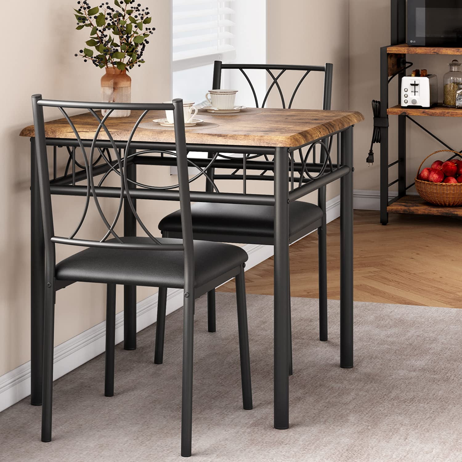 3-Piece Kitchen Dinette Set, Metal/Wood Dining Table with 2 Upholstered ...