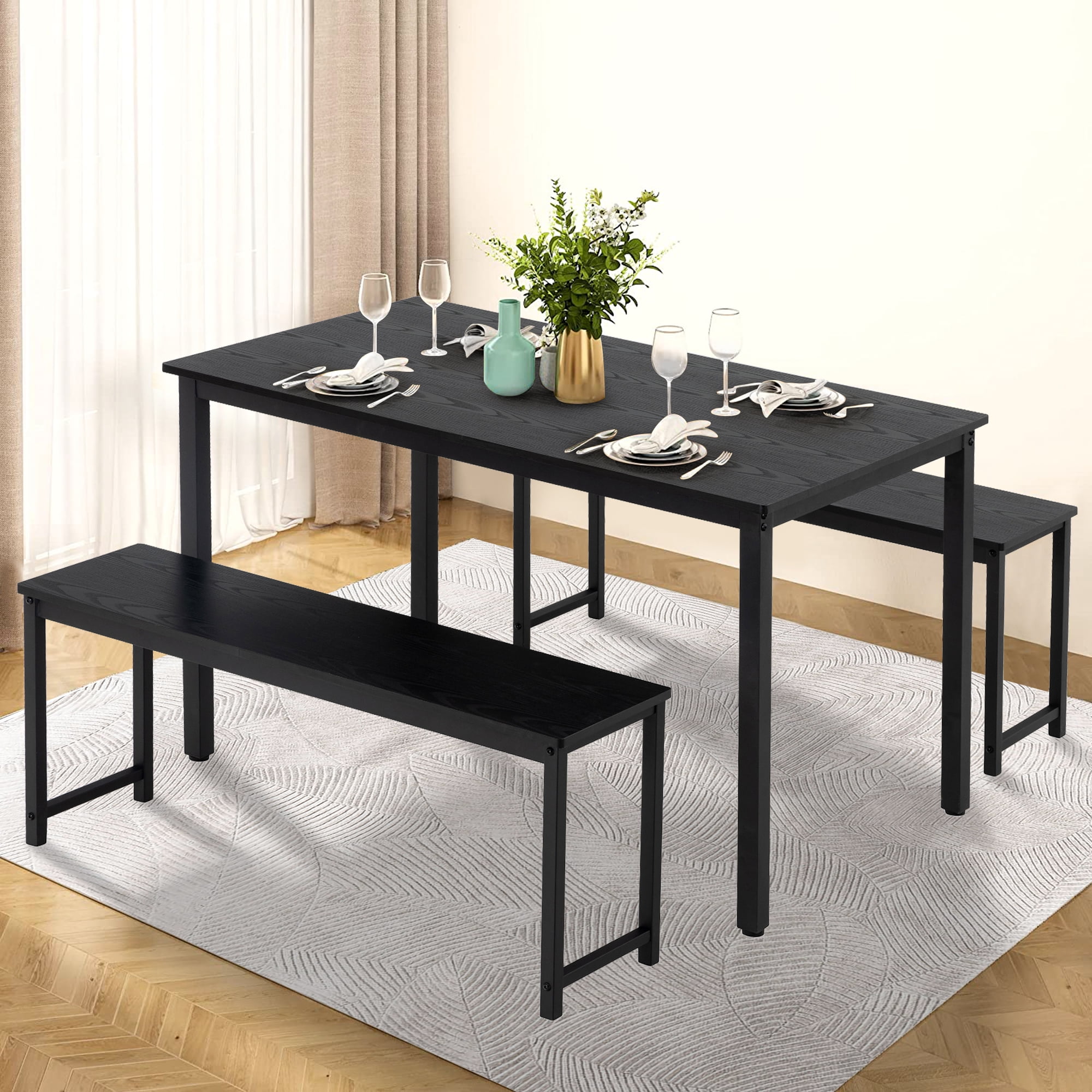 3 Piece Kitchen Table Set, Modern Dining Set with 2 Benches, Home ...