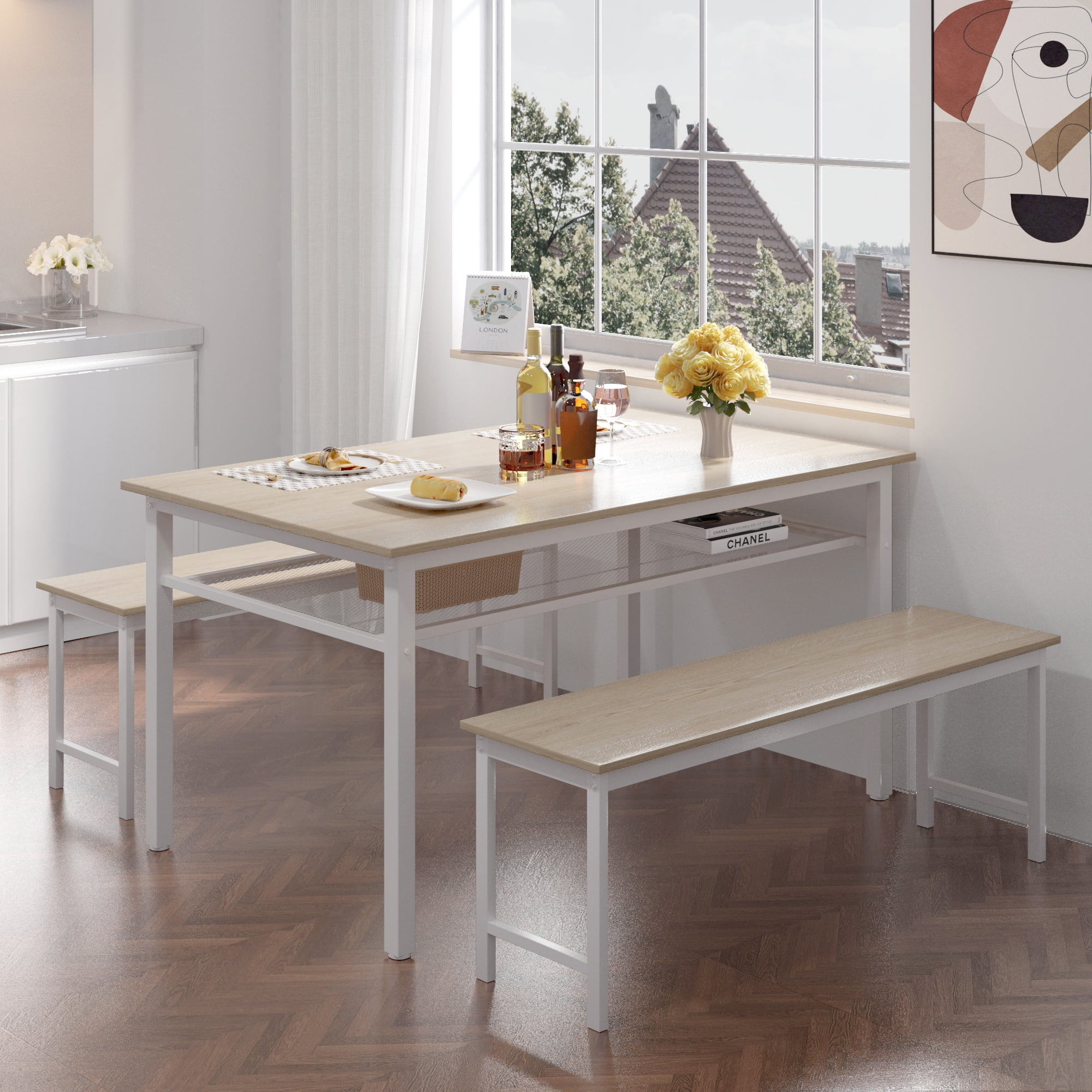 3 Piece Kitchen Table Set, Modern Dining Set with 2 Benches, Home ...