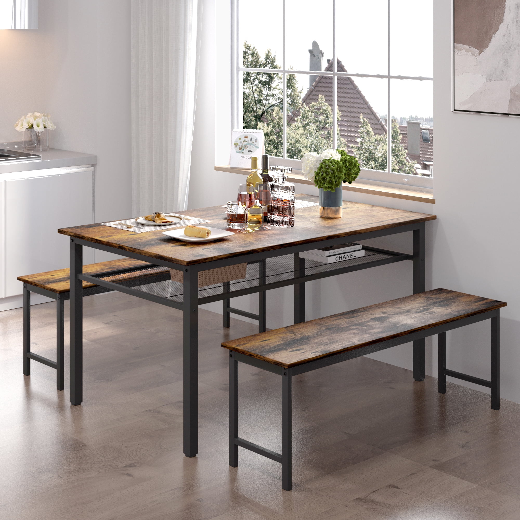 3 Piece Modern Dining Set with 2 Benches, Kitchen Table Set for 4 ...