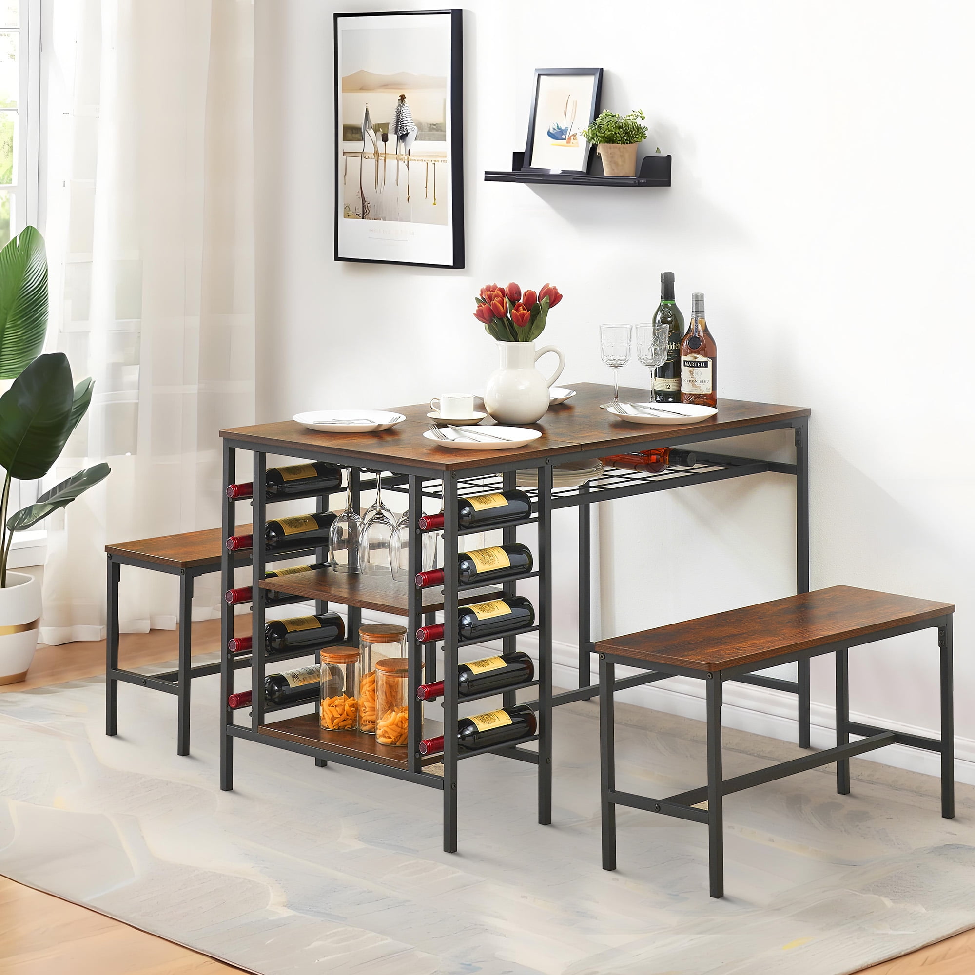 3-Piece Kitchen Table Set for 4 with 2 Benches & Storage, Space-Saving ...