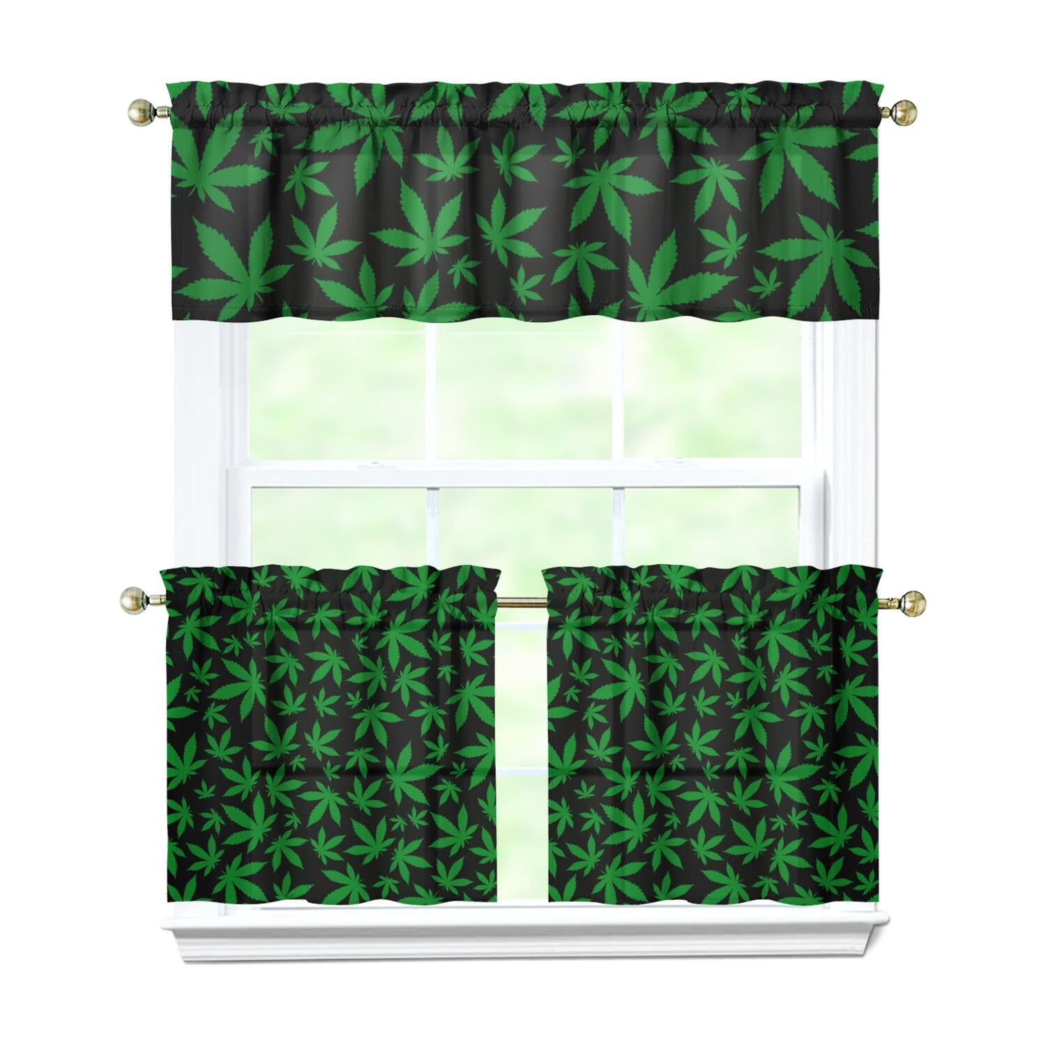 3-Piece Kitchen Window Curtain Set, Bamboo Maple Leaf Design, 27.5x24in ...