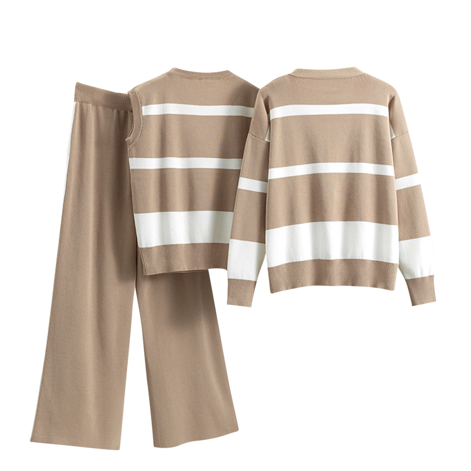 3 Piece Knit Striped Sets for Women Long Sleeve Buttons Cardigans Coat ...