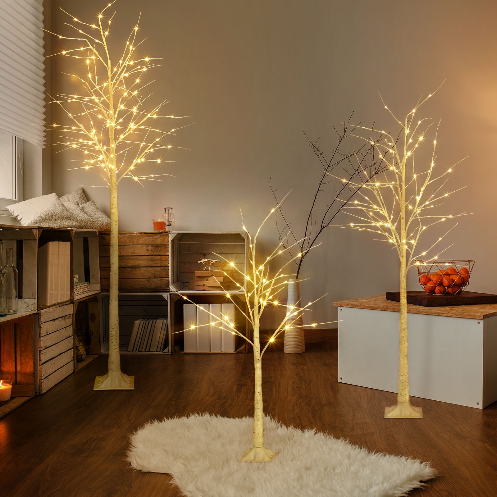 3-Piece LED Lighted White Birch Tree Set (4ft, 6ft, 8ft) - Adjustable ...