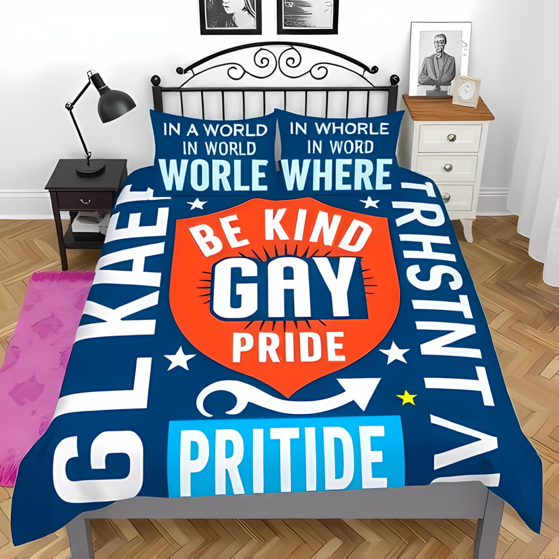 3-Piece LGBTQ+ Pride Duvet Cover Set - Blue Comforter with " BE KIND ...
