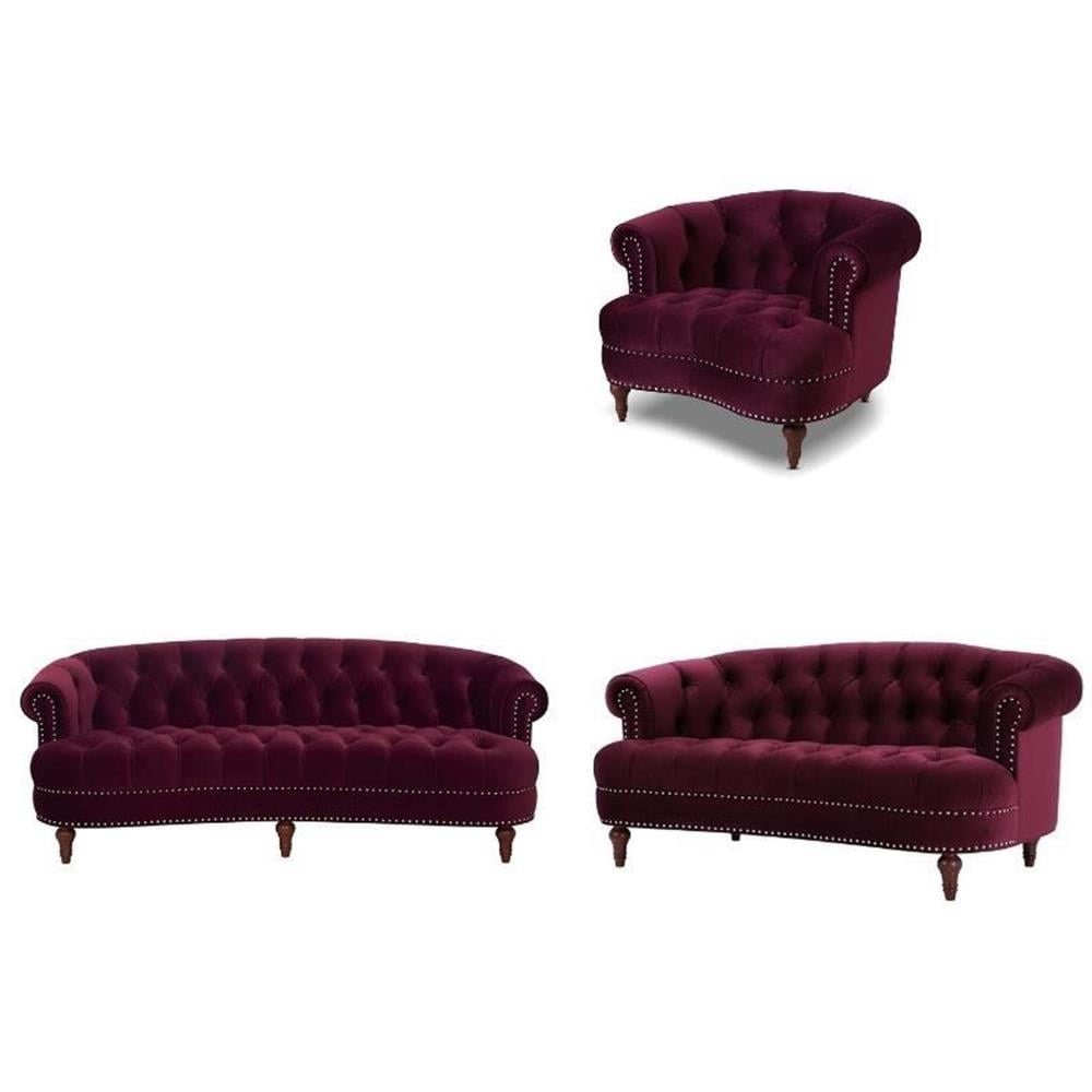 3 Piece La Rosa Chesterfield Tufted Velvet Sofa Set in Burgundy Red ...