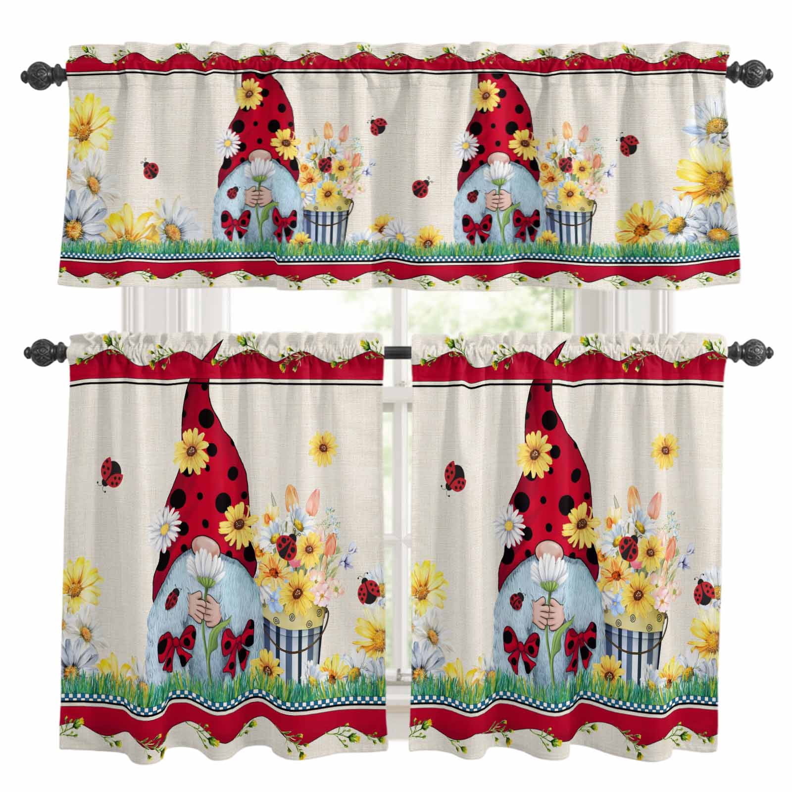 3 Piece Ladybug Gnome Kitchen Curtain Valance and Tiers Set Country ...