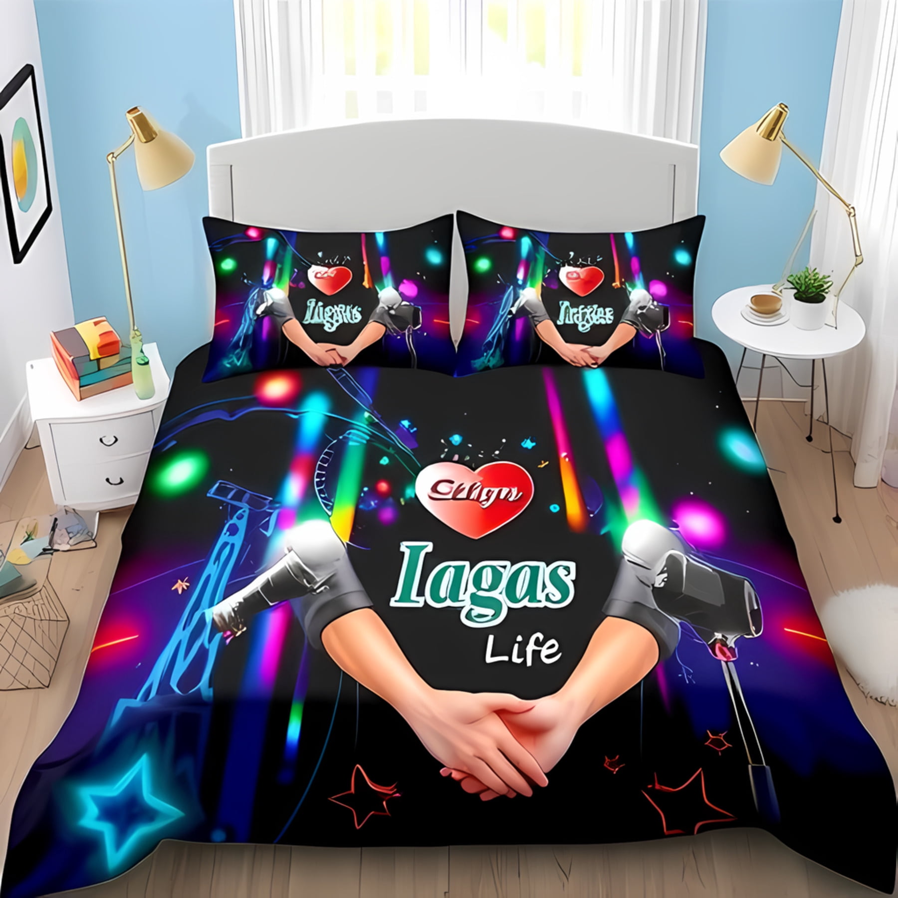 3-Piece Lagos Life Duvet Cover Set - Vibrant Black Bedding with ...