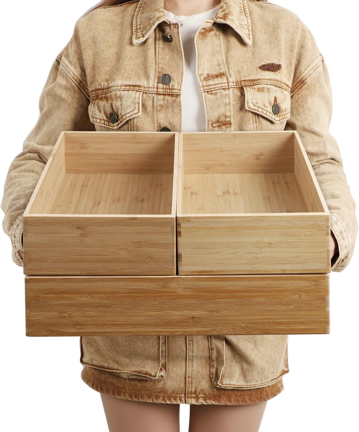 3-Piece Large Bamboo Storage Box Set, 3.9 in High, Stackable Deep ...