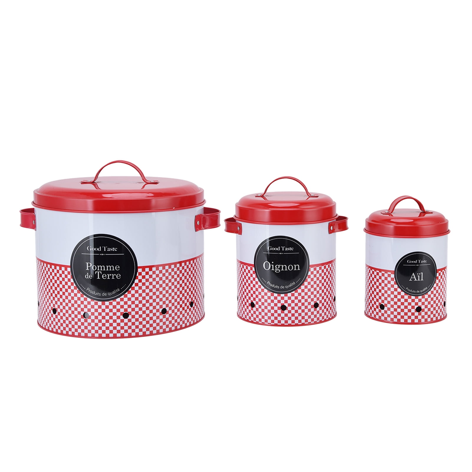 3-Piece Large Capacity Canister Set - Red and White Round Metal Storage ...