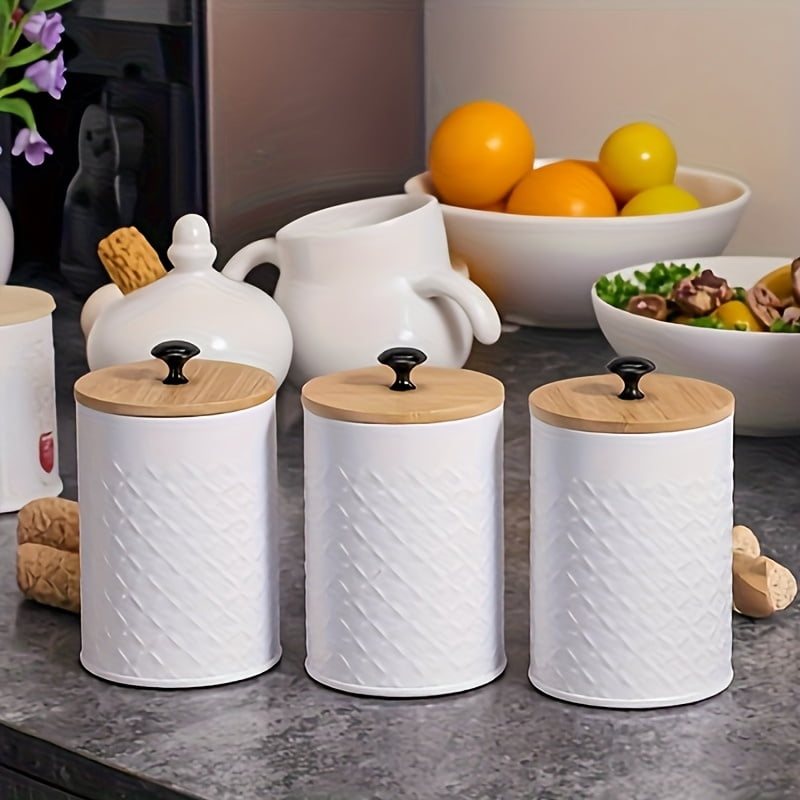 3-Piece Large Capacity Food Storage Cans with Metal Patterns & Bamboo ...
